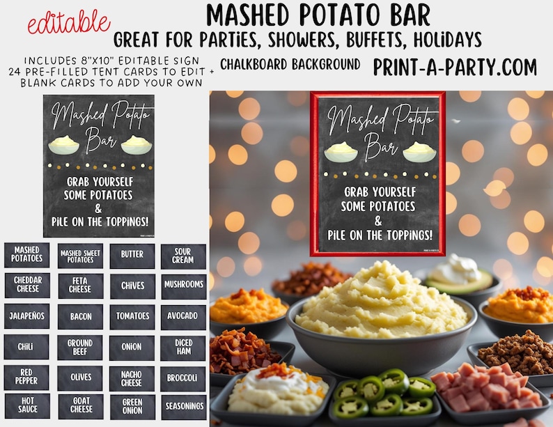 Editable Mashed Potato Bar Sign & Toppings Labels Template (canva ...