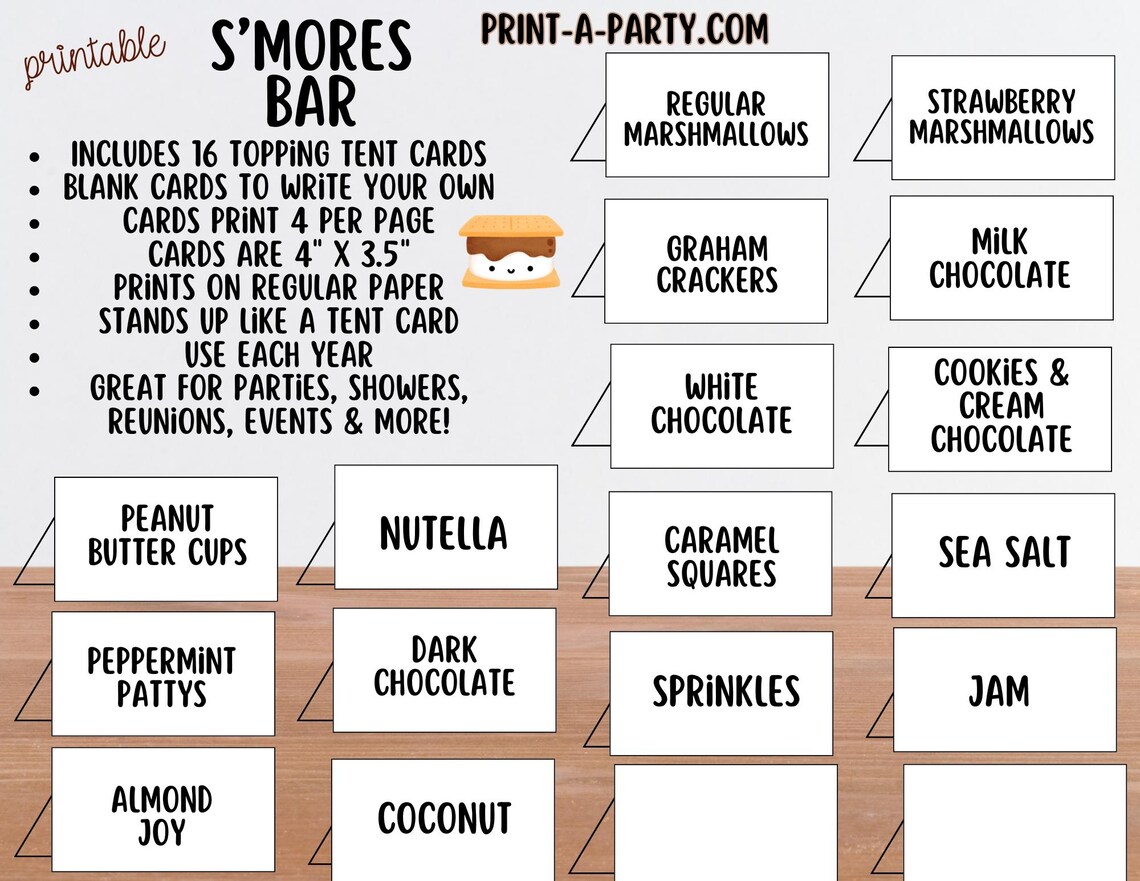 S'MORES BAR Printable - White Sign and Toppings Labels Template ...