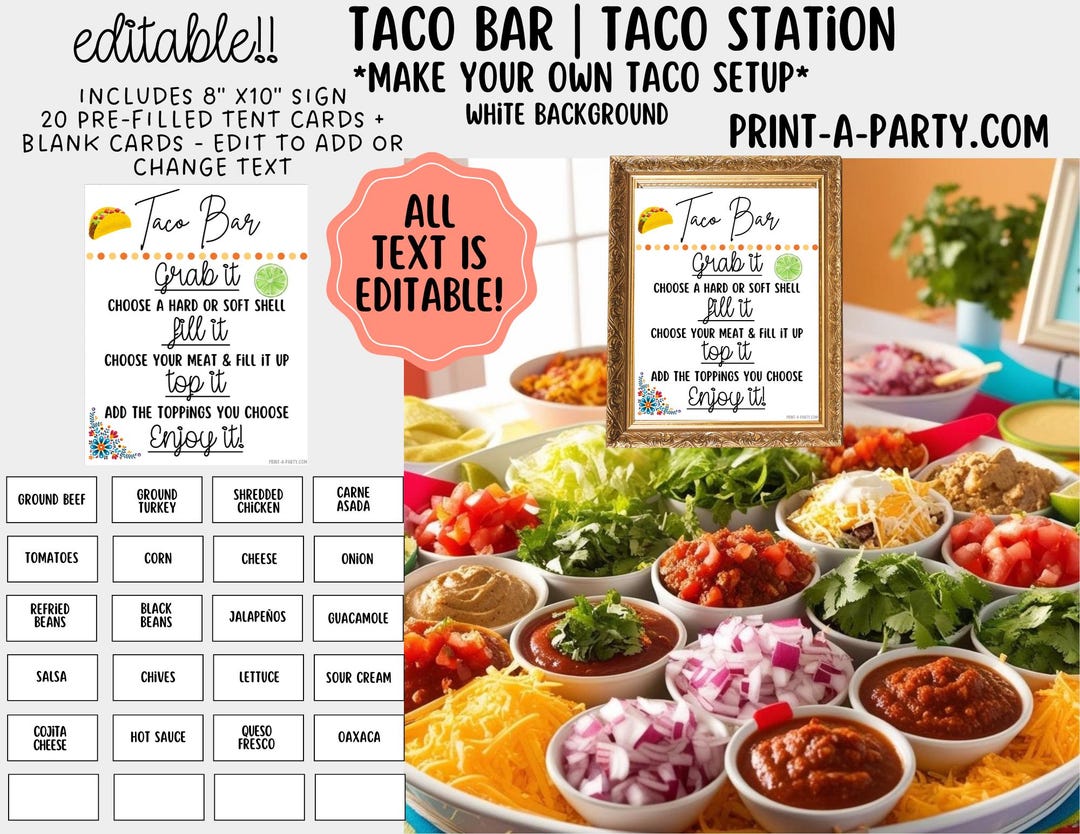 Editable Taco Bar Sign: DIY Food Station (canva) for Parties, Showers ...