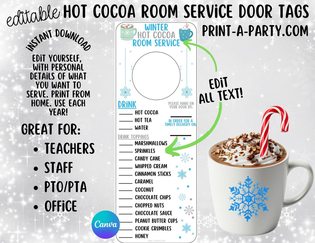Holiday Appreciation HOT CHOCOLATE Room Service Door Tags - Editable ...