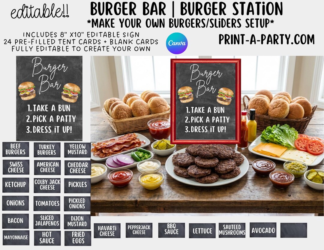 Editable Burger Bar Sign & Toppings Tent Cards – Printable Food Station ...