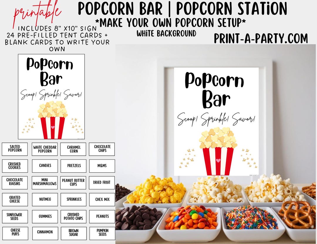 POPCORN BAR Sign & Toppings Labels Printable - White - Perfect for ...