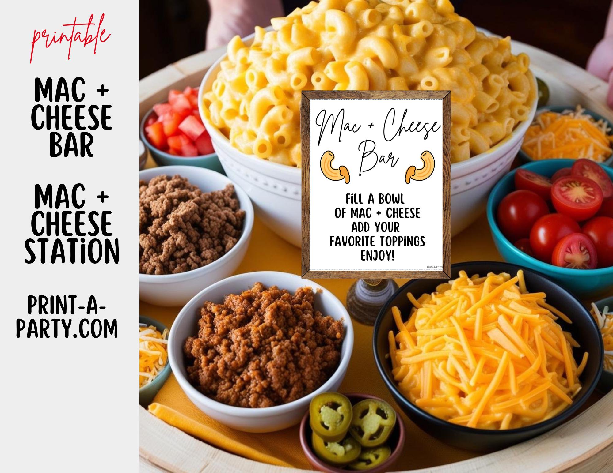 MAC and CHEESE BAR Printable Sign & Food Topping Tent Cards in White ...