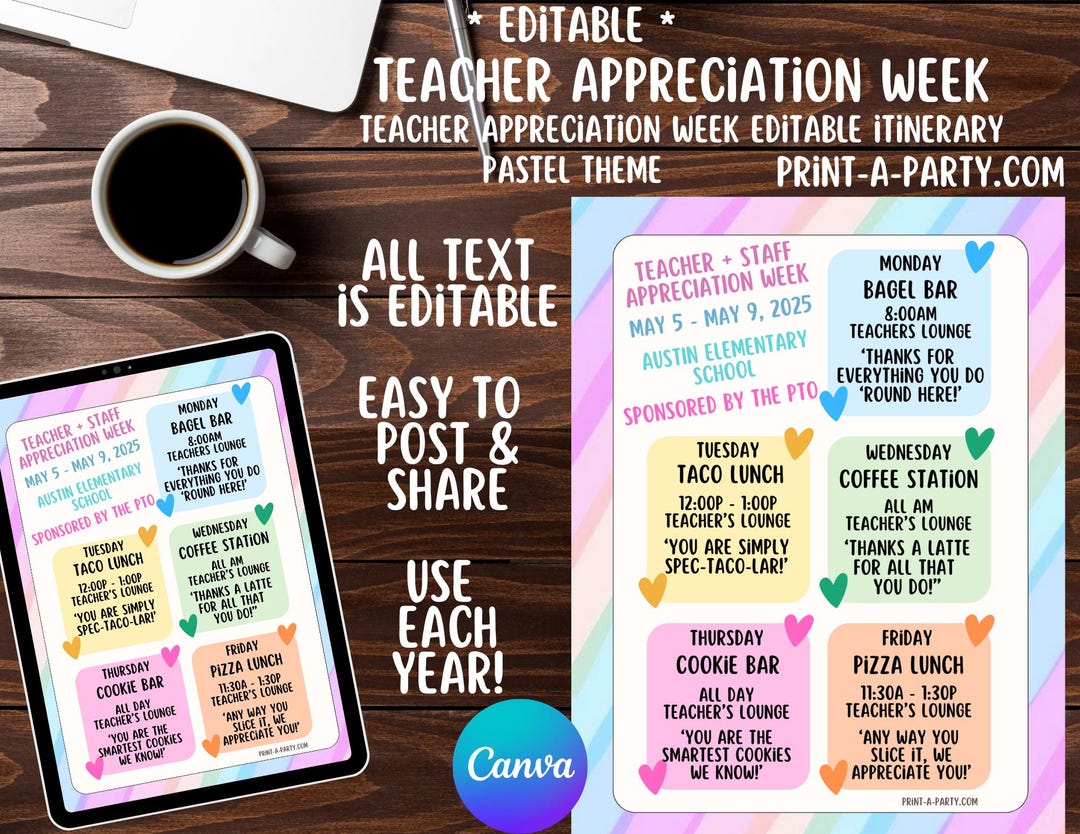 Appreciation Week Itinerary Schedule - EDITABLE | Pastel Design ...