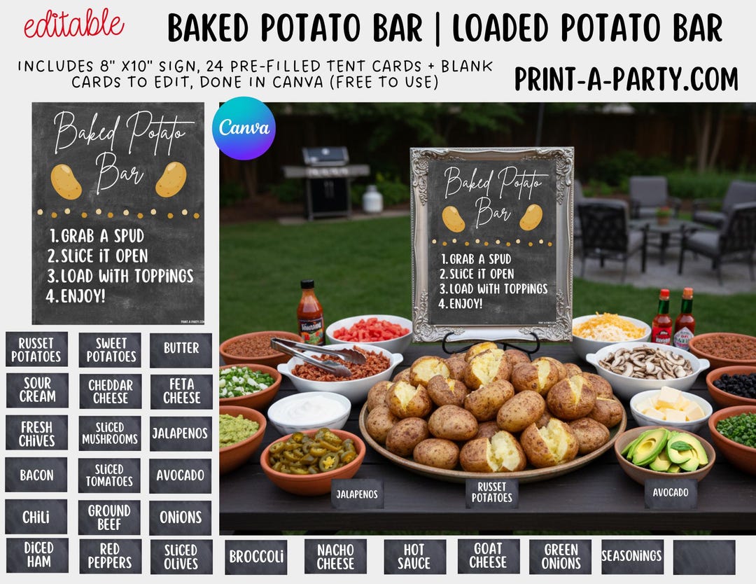 Editable Baked Potato Bar Sign & Food Labels (canva Template) for Party ...