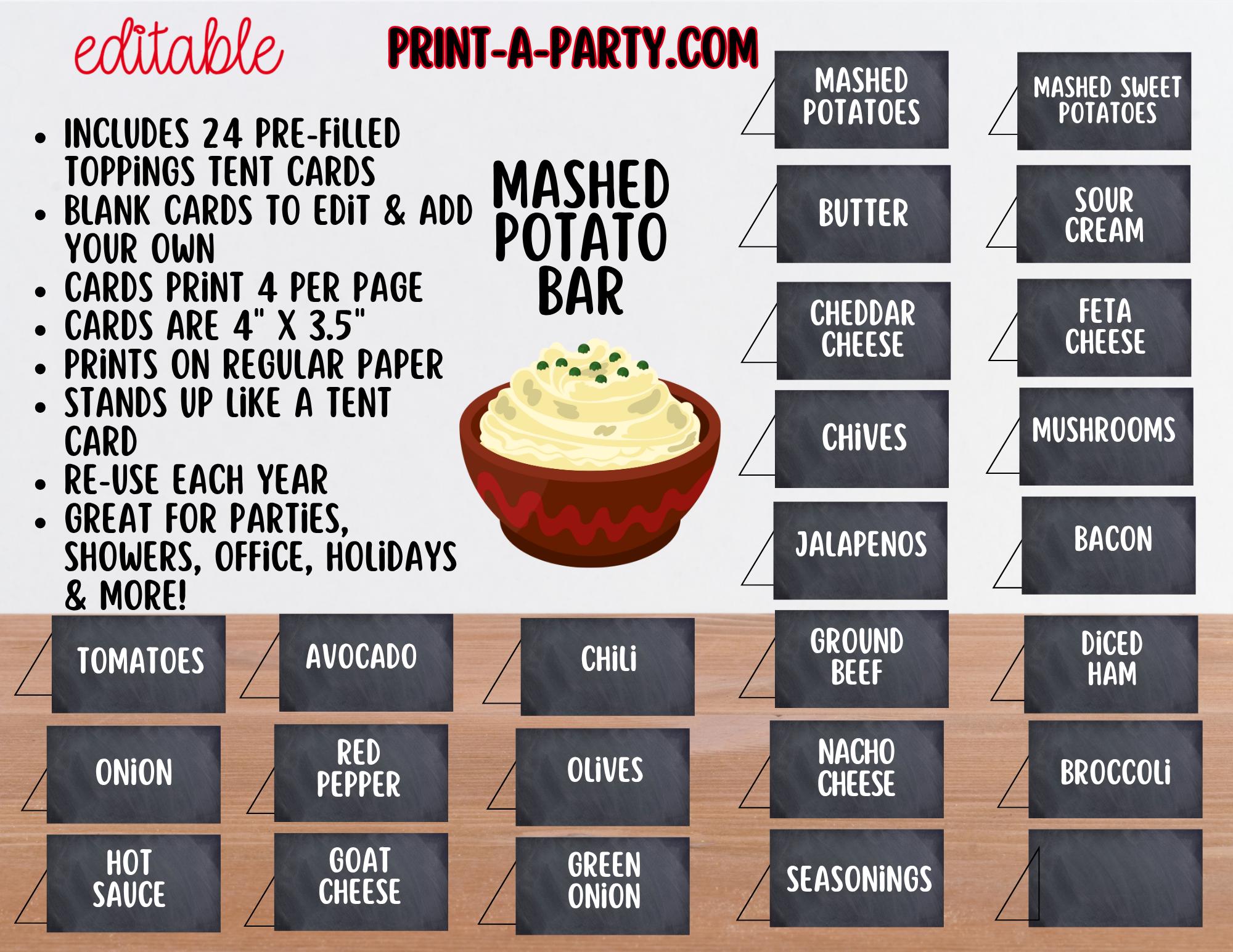 Editable Mashed Potato Bar Sign & Toppings Labels Template (canva ...