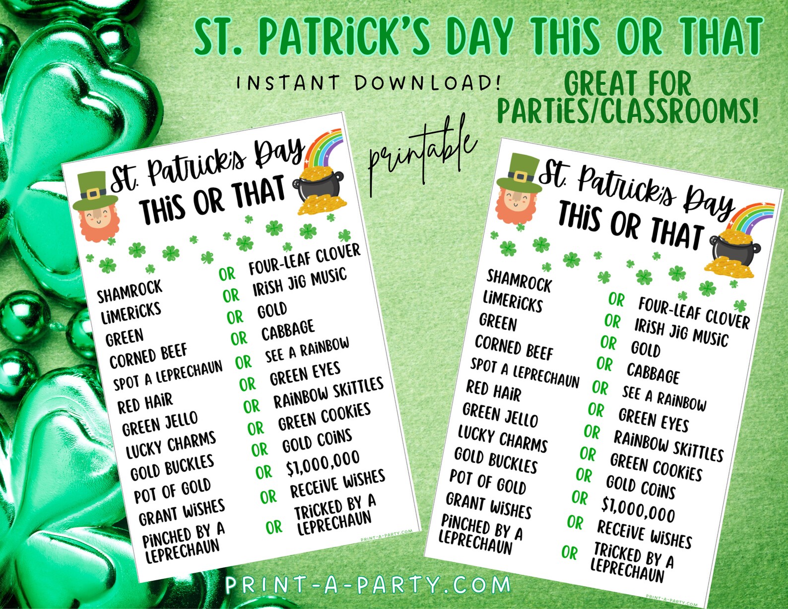 St. Patrick's Day This or That Game Printable | St. Patrick's Day Party ...