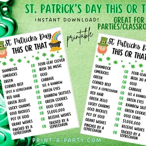 St. Patrick's Day This or That Game Printable | St. Patrick's Day Party ...