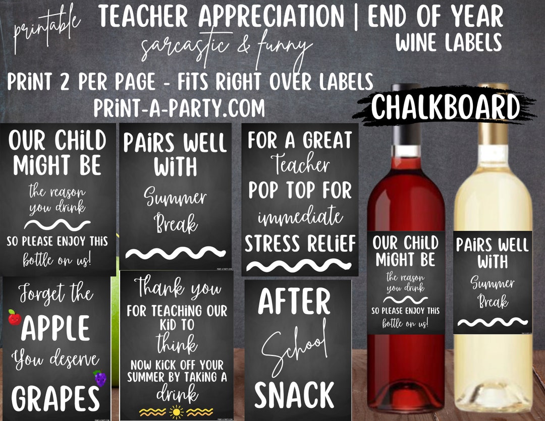 Funny & Sarcastic Teacher Wine Labels | End of Year Teacher Gift Idea ...