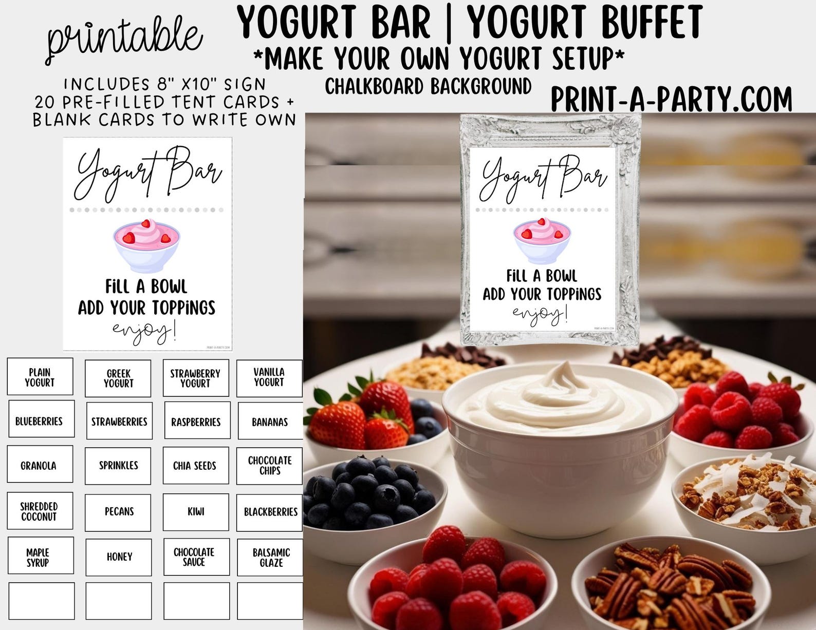 Yogurt Bar Sign and Toppings Labels: Party Food Station, Brunch Idea ...
