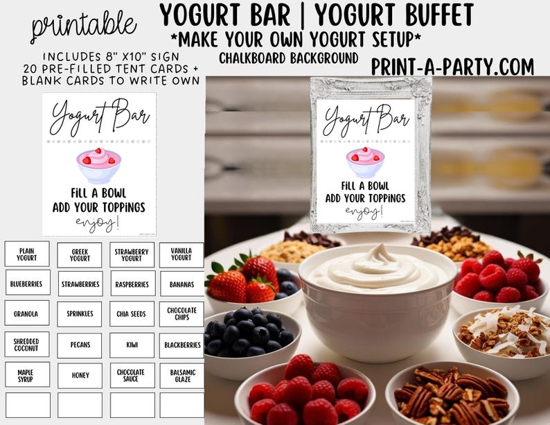 Yogurt Bar Sign and Toppings Labels: Party Food Station, Brunch Idea ...