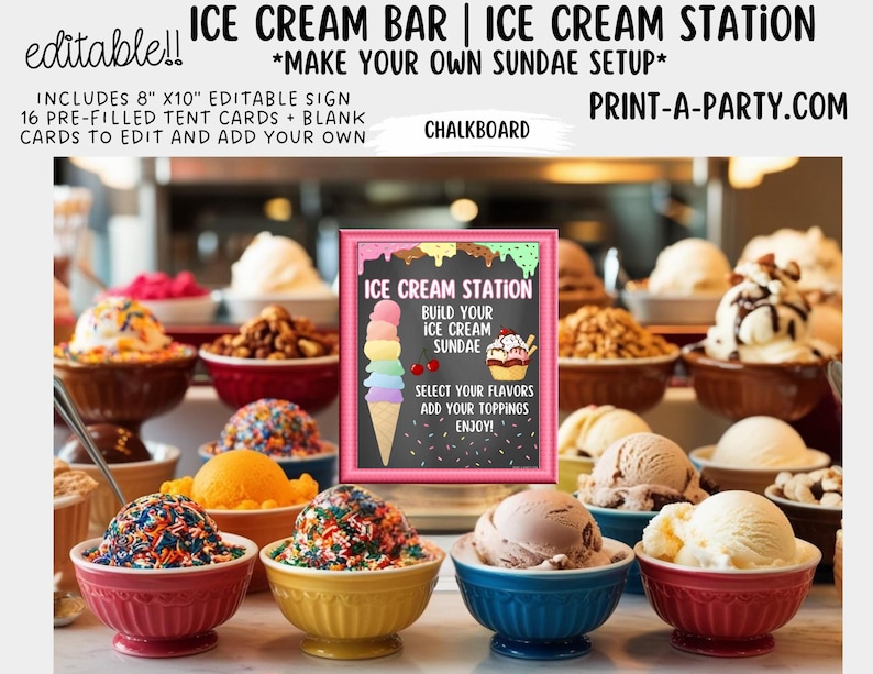 Editable Ice Cream Bar Sign and Toppings Labels: Sundae Station ...