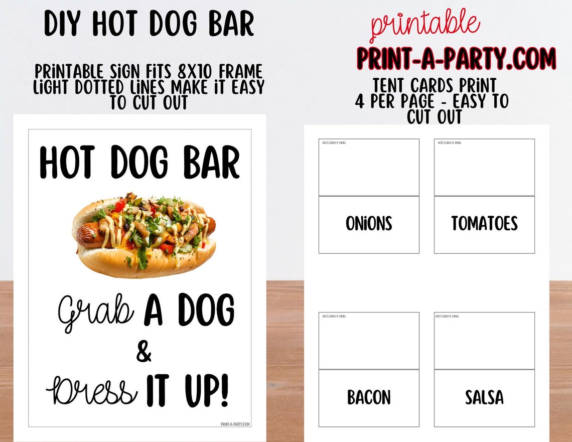Hot Dog Bar Sign + Toppings Tent Cards Printable Party Decor Buffet ...