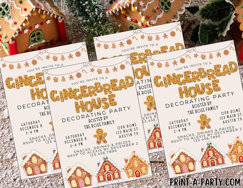 GINGERBREAD HOUSE DECORATING Party Invite - Editable Gingerbread-themed ...