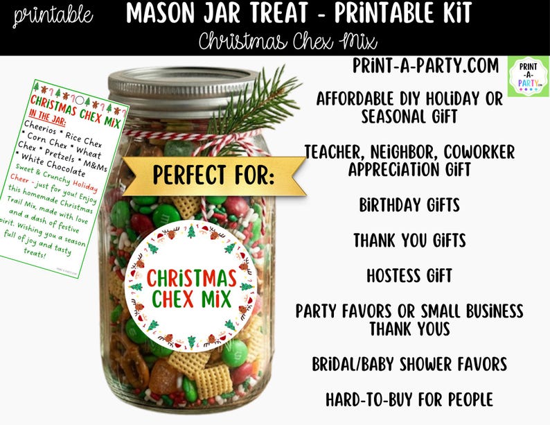 Christmas Chex Mix in a Mason Jar Gift Printable Kit - Labels, Tag ...