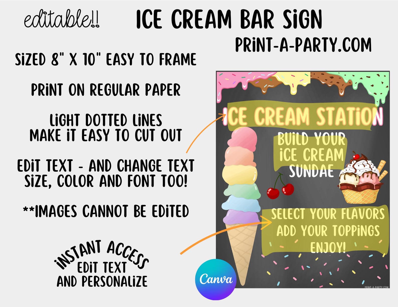 Editable Ice Cream Bar Sign and Toppings Labels: Sundae Station ...