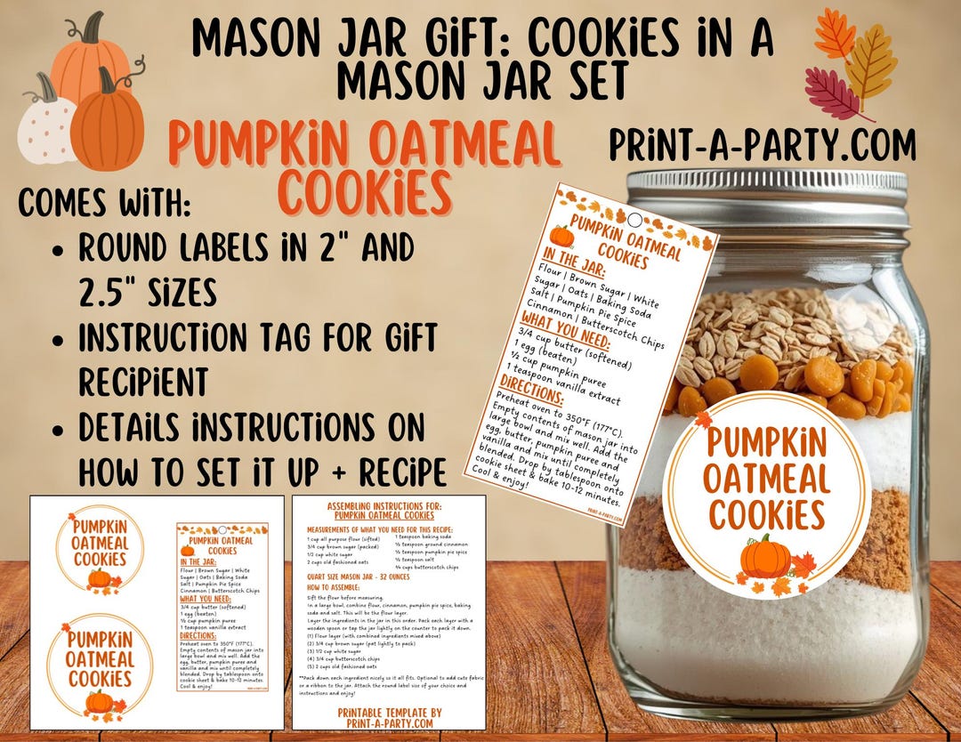 MASON JAR COOKIE Printable Pumpkin Oatmeal Mason Jar Cookie Kit, Autumn ...