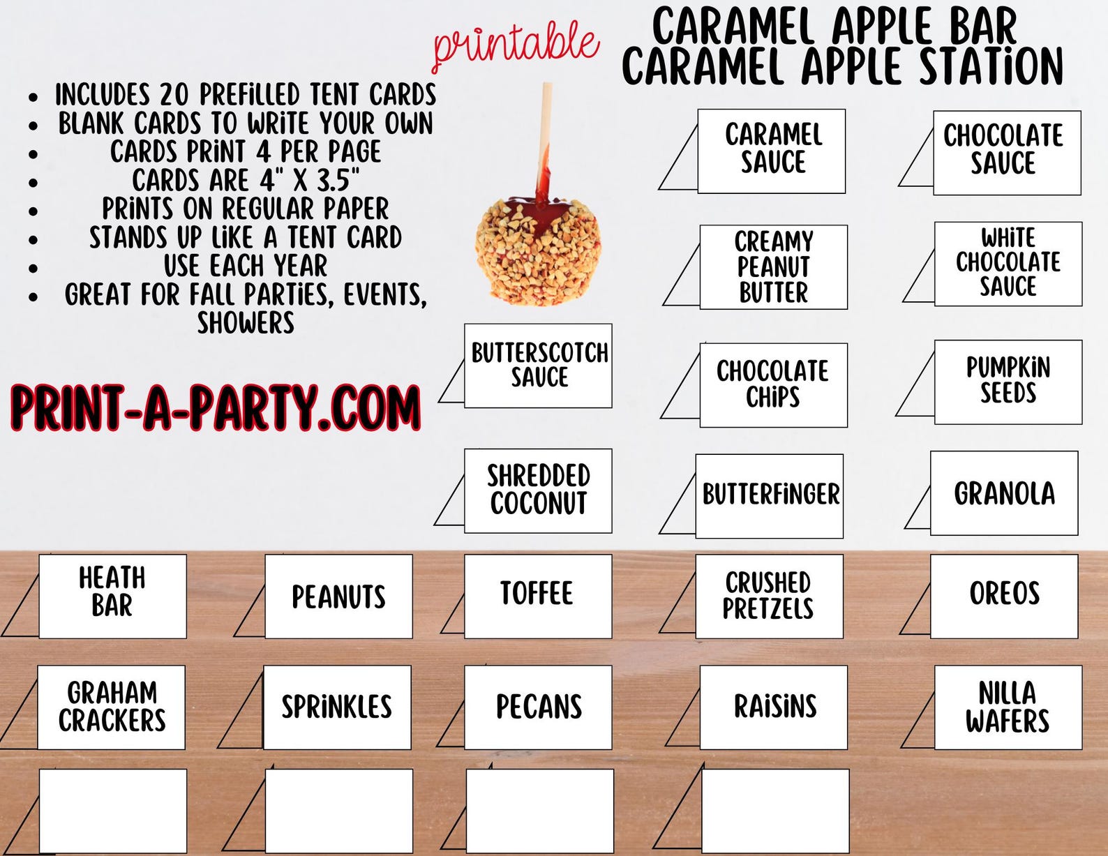 Caramel Apple Bar Sign (8x10) & Toppings Tent Cards, Fall Party Buffet ...