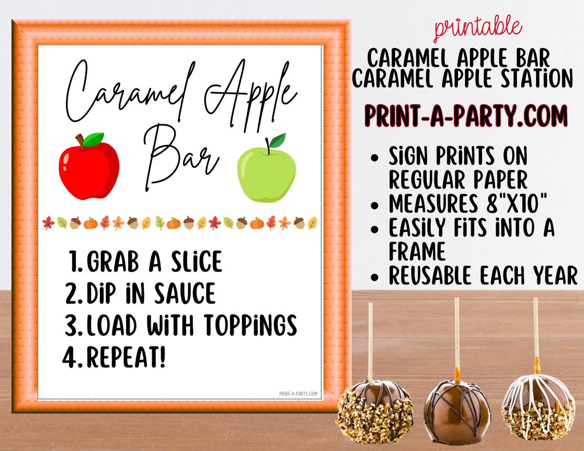 Caramel Apple Bar Sign (8x10) & Toppings Tent Cards, Fall Party Buffet ...