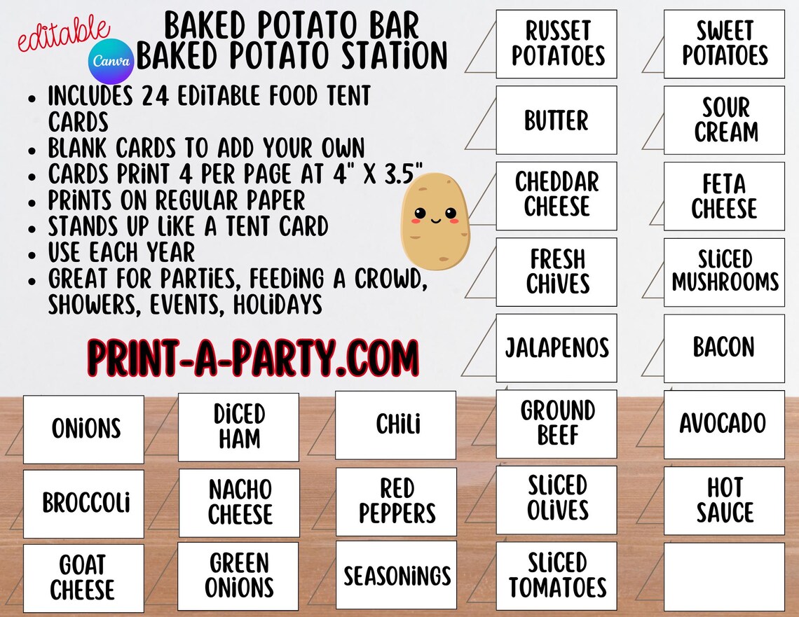 Editable BAKED POTATO BAR - Sign & Topping Tent Cards - Printable Food ...