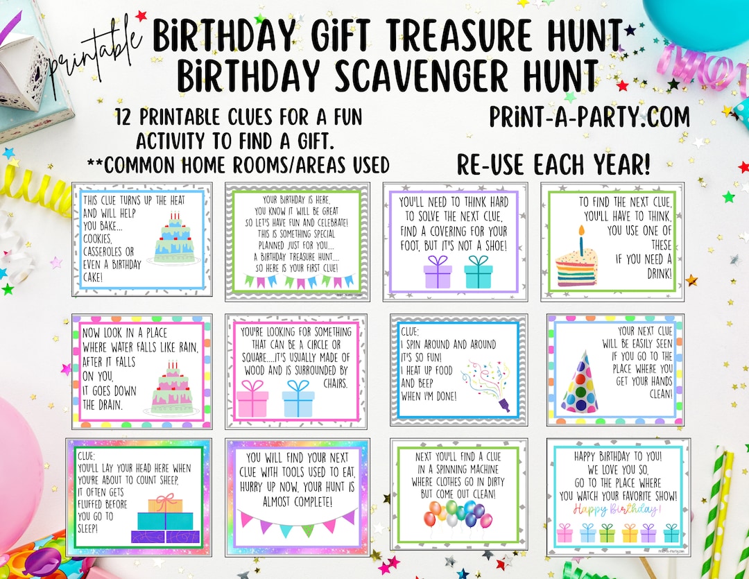 BIRTHDAY TREASURE HUNT Clues | Birthday Gift Scavenger Hunt | Birthday ...