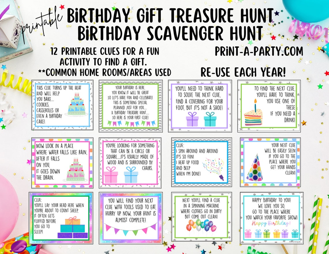 BIRTHDAY TREASURE HUNT Clues | Birthday Gift Scavenger Hunt | Birthday ...
