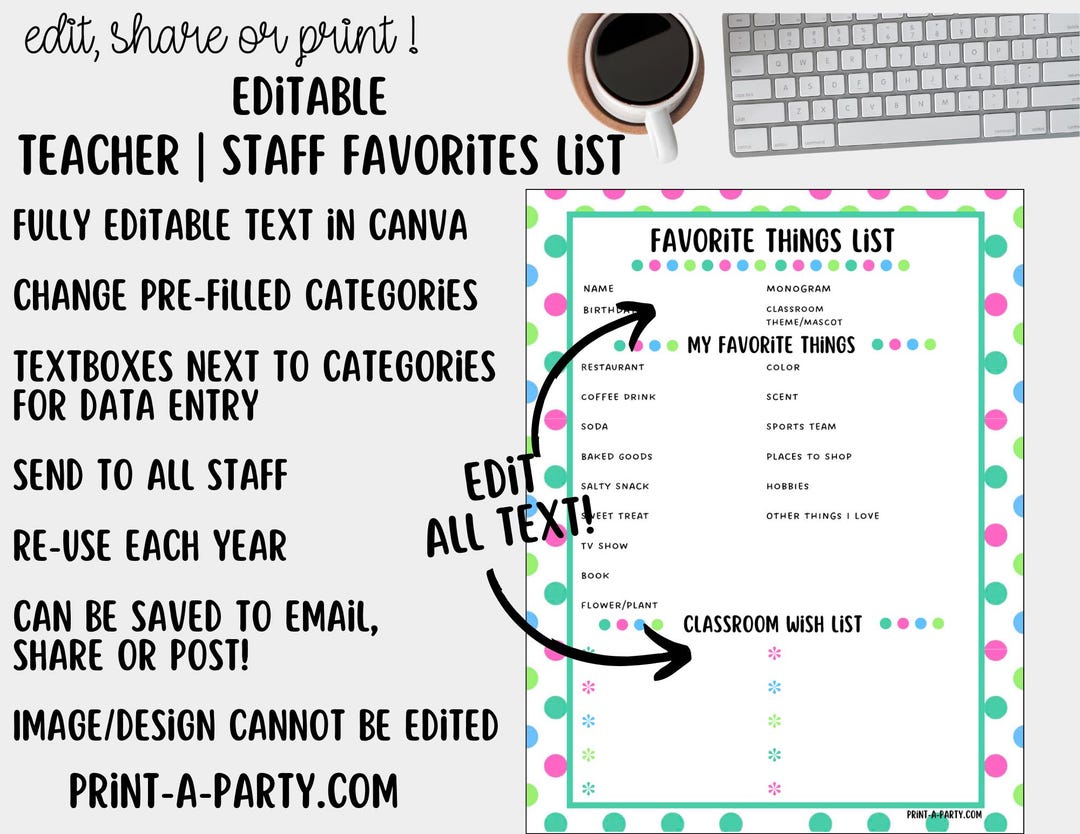 Editable Teacher Staff Favorite Things List – Canva Template - Fully ...