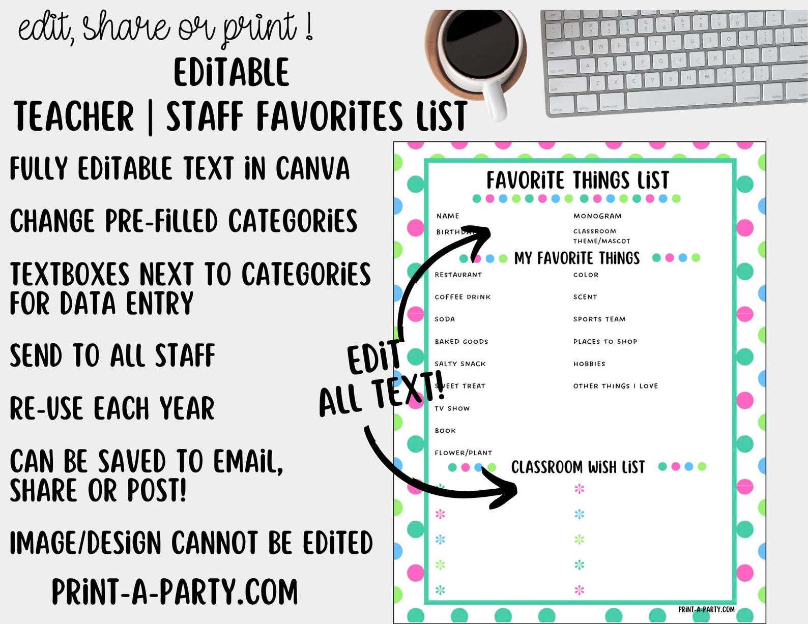Editable Teacher Staff Favorite Things List – Canva Template - Fully ...