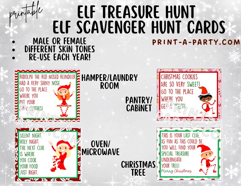 Printable Elf Scavenger Hunt Game – Treasure Hunt Clues (female Elf ...