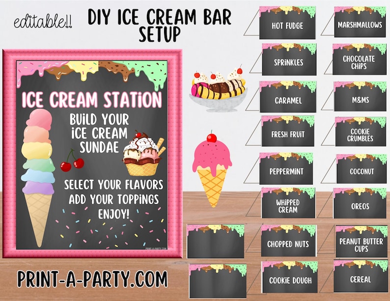 Editable Ice Cream Bar Sign and Toppings Labels: Sundae Station ...