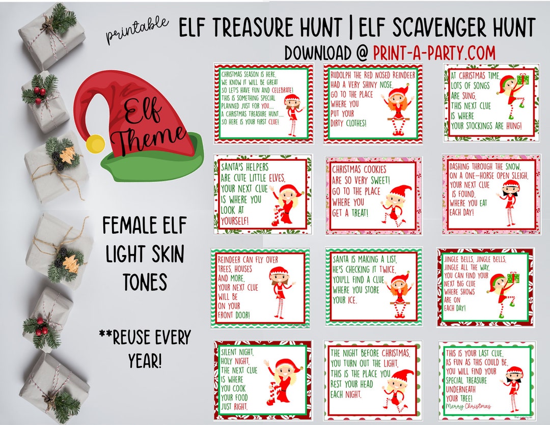 Printable Elf Scavenger Hunt Game – Treasure Hunt Clues (female Elf ...