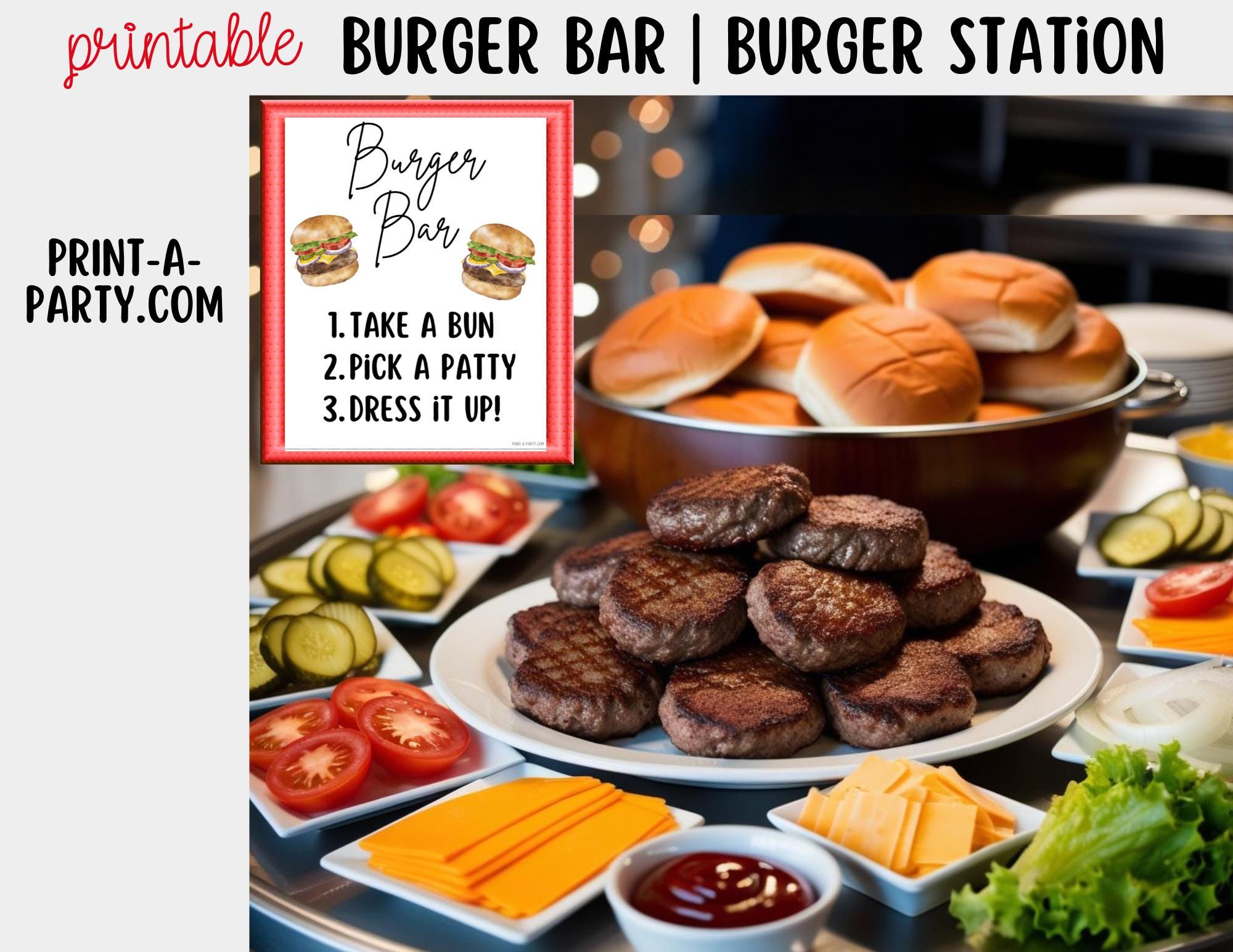 Burger Bar Sign & Toppings Tent Cards | BBQ Party Decor Printable (PDF ...