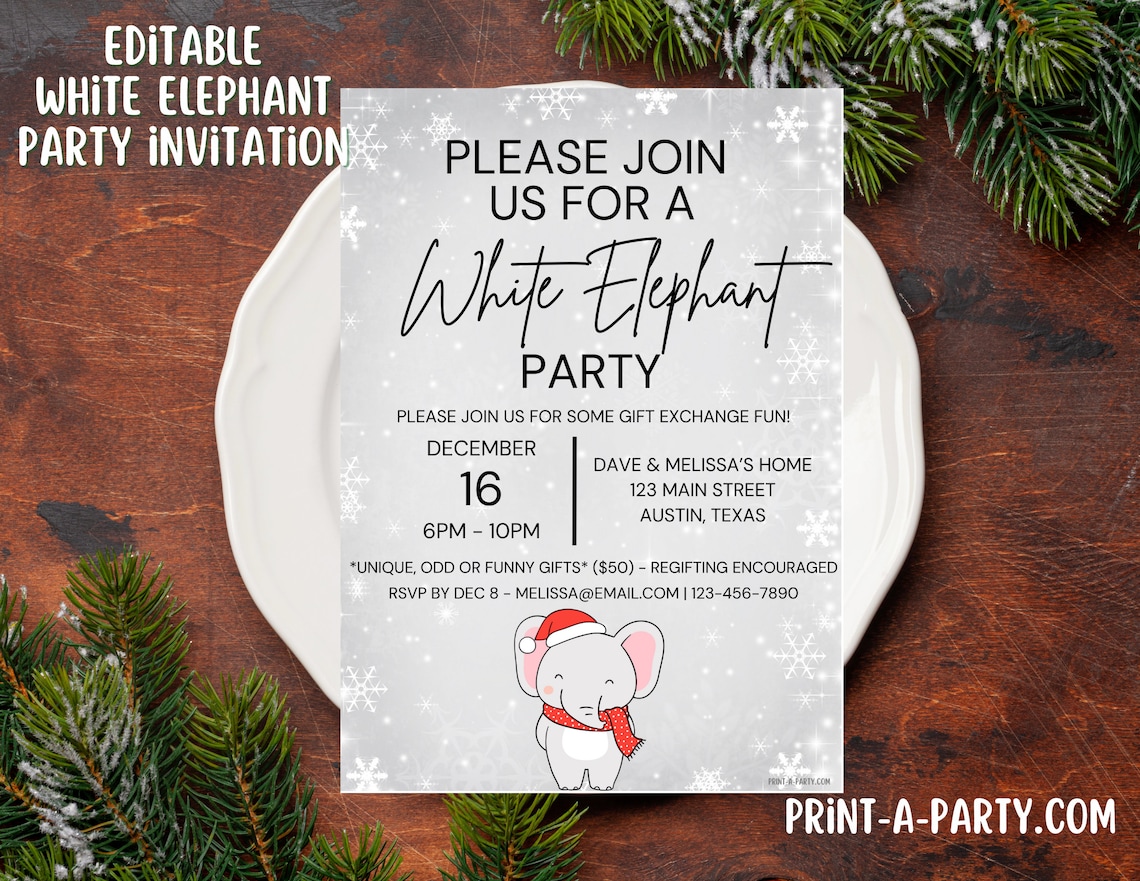 Editable Christmas Party Invitation: WHITE ELEPHANT PARTY Invitation ...