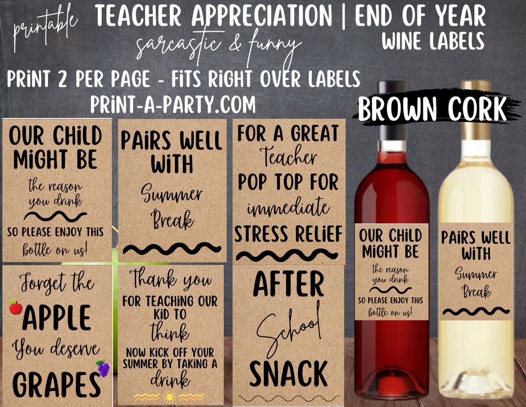 Funny & Sarcastic Teacher Wine Labels | End of Year Teacher Gift Idea ...