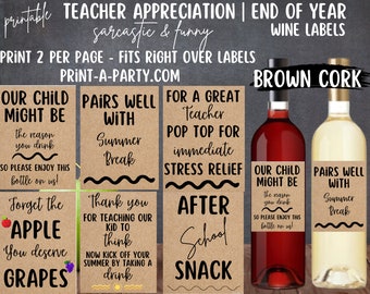 Funny & Sarcastic Teacher Wine Labels | End of Year Teacher Gift Idea ...