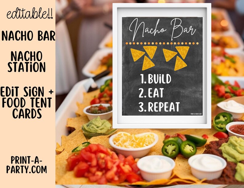 Editable NACHO BAR - Chalkboard Sign and Toppings Labels Template ...