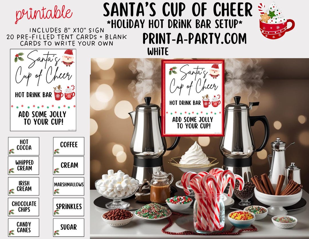 Christmas Hot Chocolate Bar Sign & Toppings Tent Cards, Santa's Cup of ...