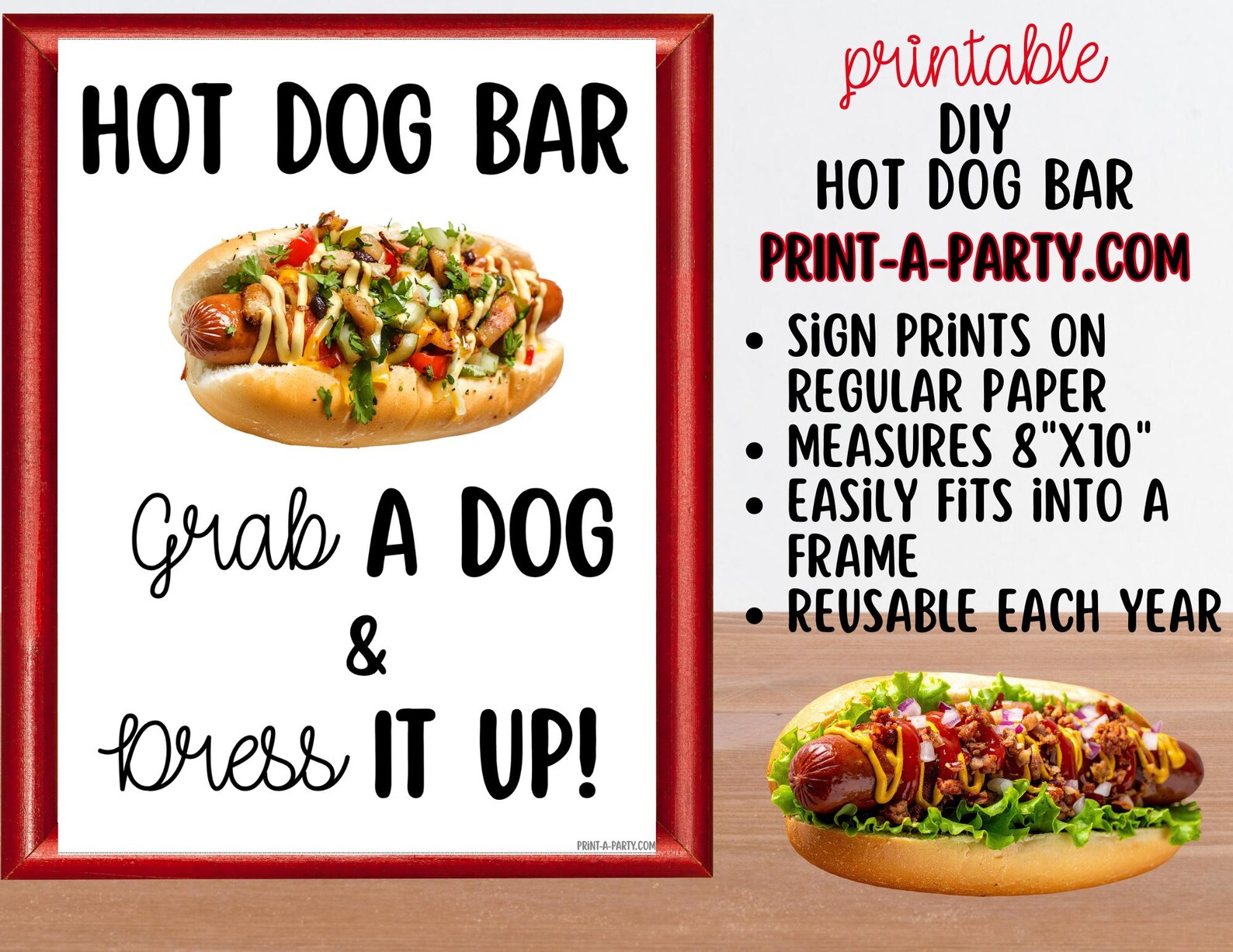 Hot Dog Bar Sign + Toppings Tent Cards Printable Party Decor Buffet ...