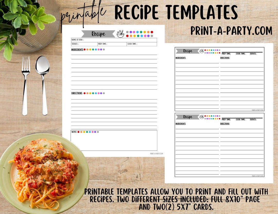 Printable RECIPE TEMPLATES - Full Page 8x10 and 5x7 Cards | Recipe ...