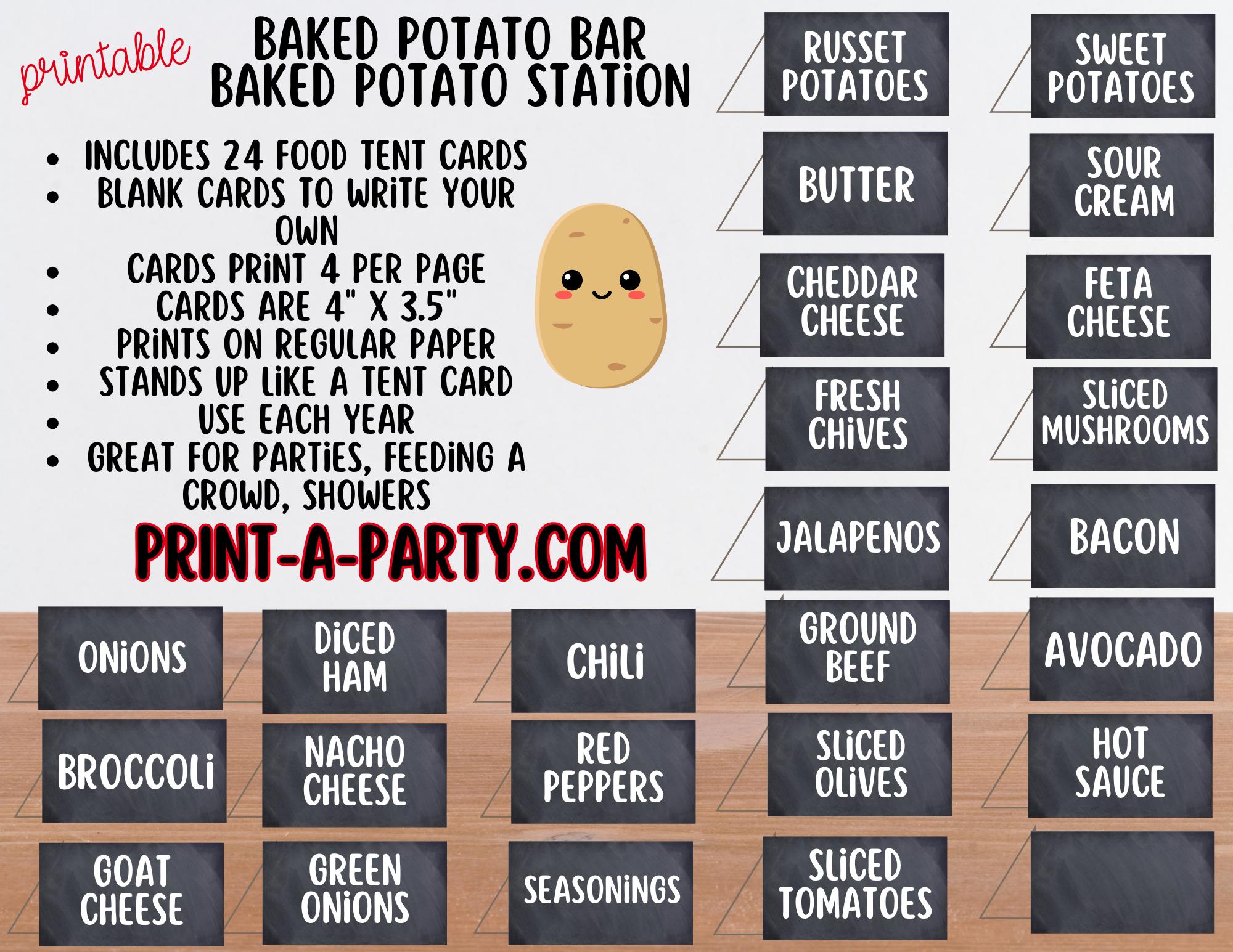 Baked Potato Bar Sign (8x10) + Toppings Tent Cards Printable Party ...
