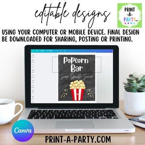 Editable POPCORN BAR - Chalkboard Sign and Toppings Labels Template ...