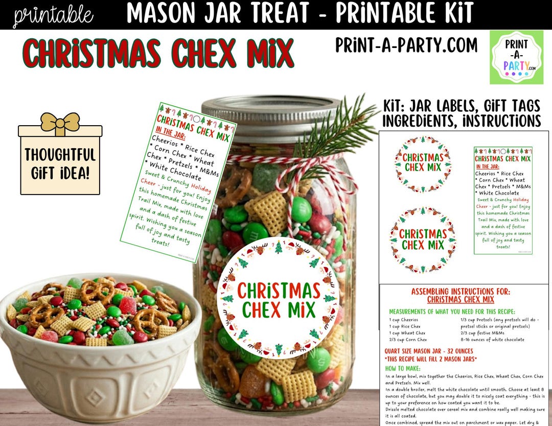 Christmas Chex Mix in a Mason Jar Gift Printable Kit - Labels, Tag ...