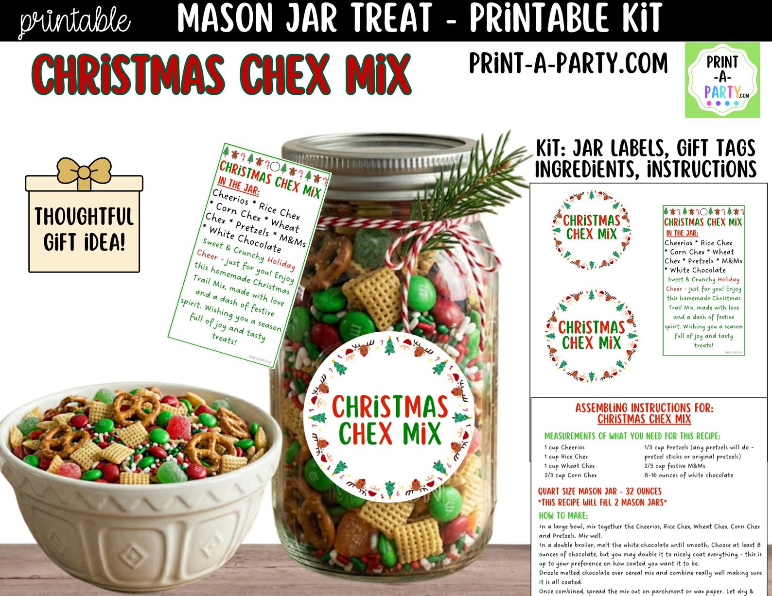 Christmas Chex Mix in a Mason Jar Gift Printable Kit - Labels, Tag ...