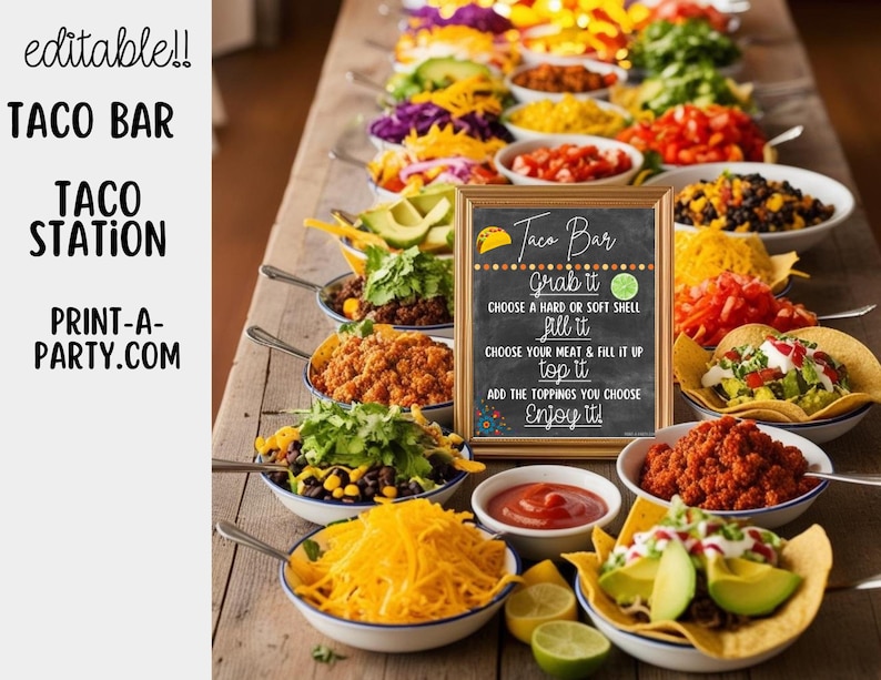 Editable TACO BAR - Chalkboard Sign and Toppings Label Templates for ...