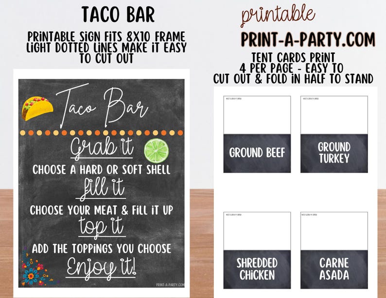 Printable Taco Bar Sign & Tent Cards | Fiesta Party Decor, Buffet (PDF ...