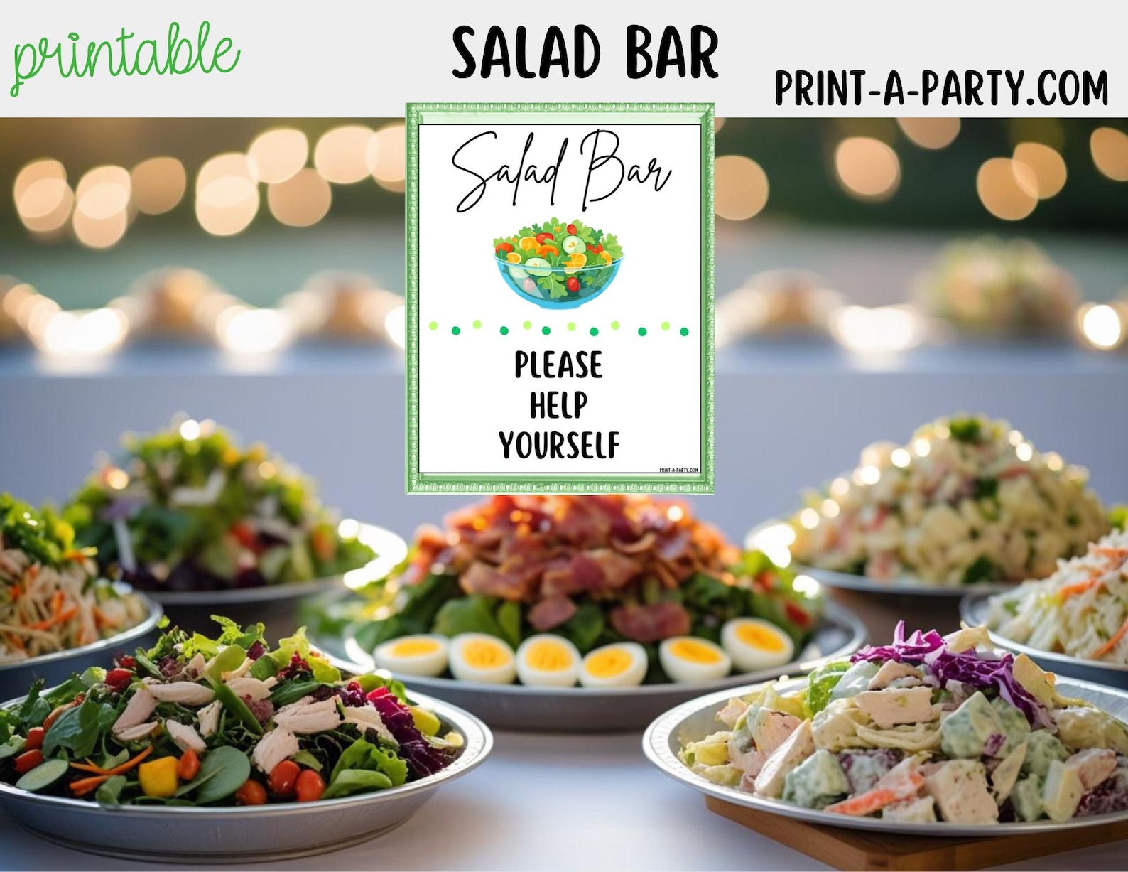 Salad Bar Printable Sign and Toppings Labels: White Party Buffet ...