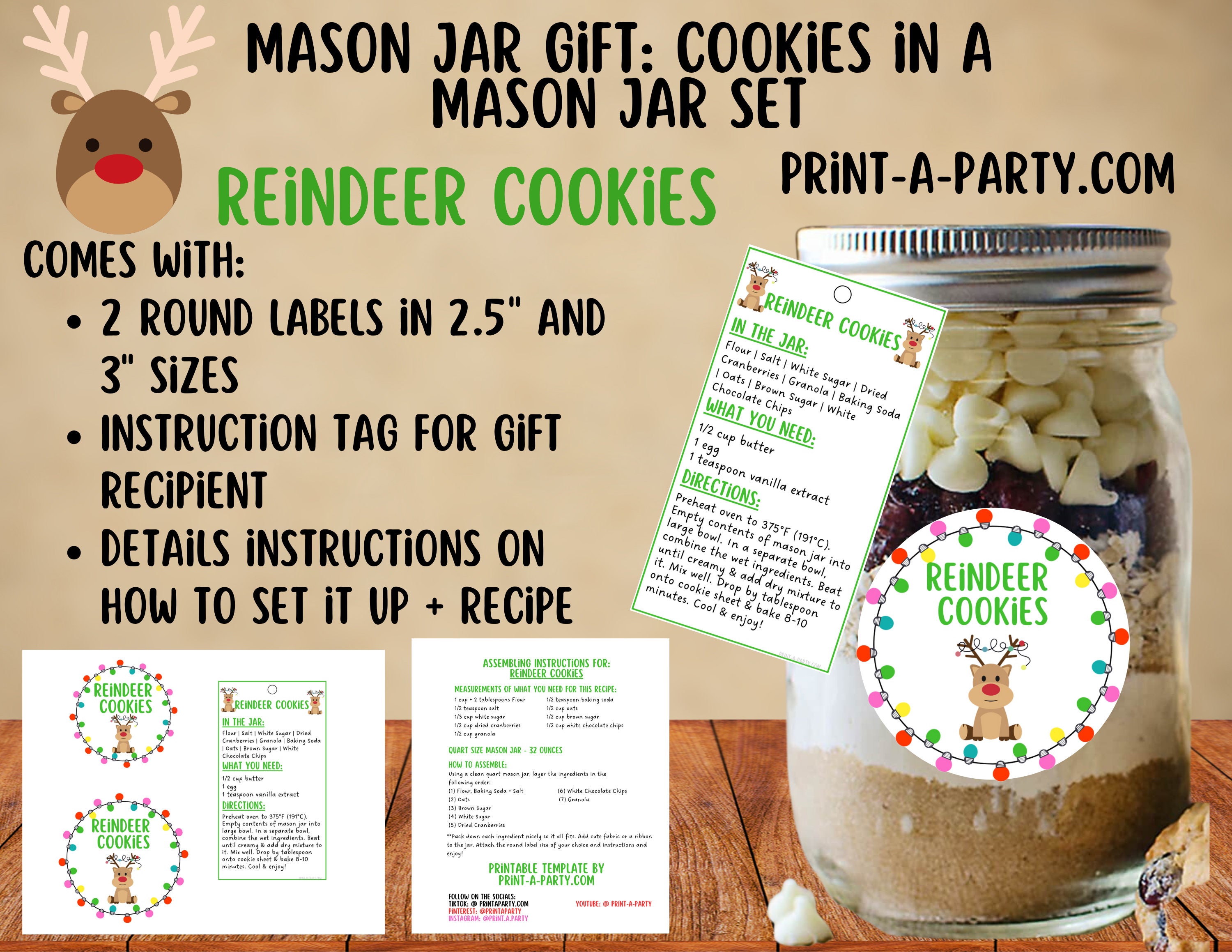 MASON JAR COOKIE Gift: Reindeer Cookies in a Mason Jar Printable Kit ...