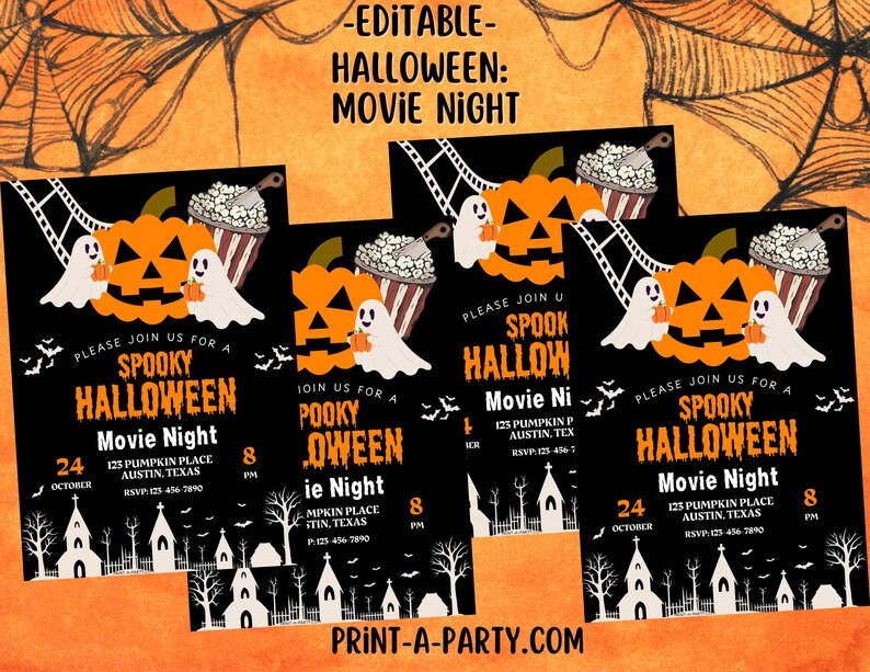 Editable Horror Movie Night Invitation: Spooky Halloween Party Template ...