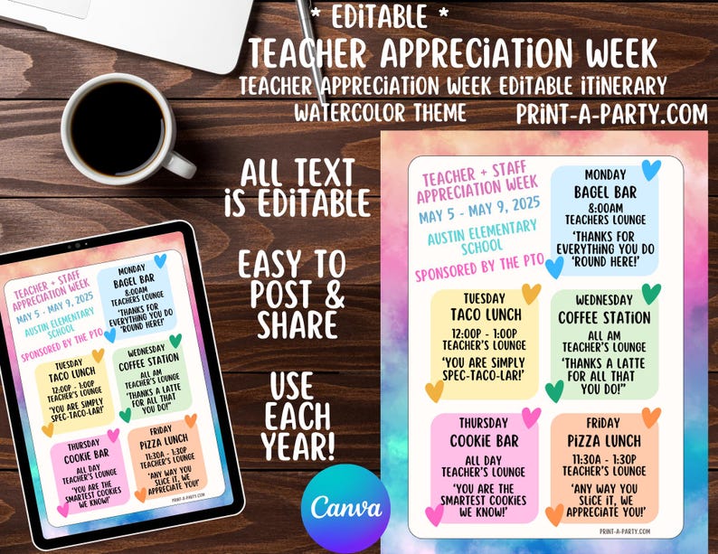 Appreciation Week Itinerary Schedule - EDITABLE | Watercolor Design ...