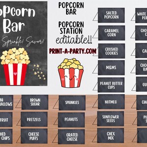 Editable POPCORN BAR - Chalkboard Sign and Toppings Labels Template ...